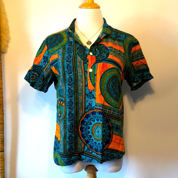 Vintage | Tops | Vintage Blueorange Green Floral Tribal Short Sleeve ...